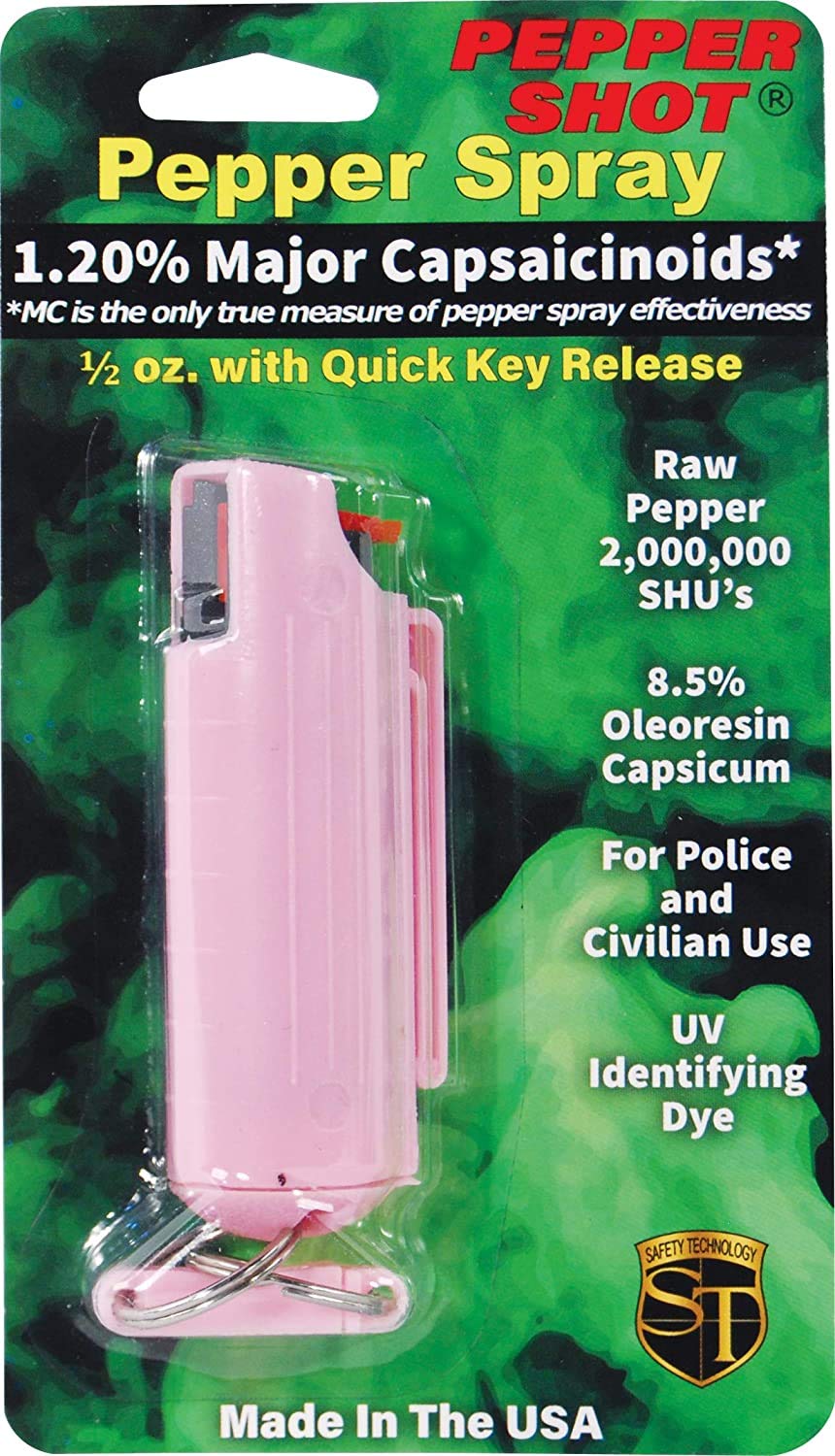 Pepper Shot Bundle - Lot of (4) 1/2 oz Keychain 10% OC Pepper Spray Units w/Injection Molded Holster in Black (2) and Pink (2)
