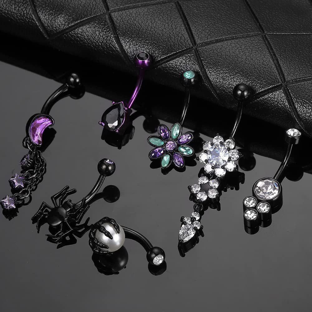 WASOLIE 7PCS 14G Sliver Body Jewlry Pack Stainless Steel Long Belly Rings For Women