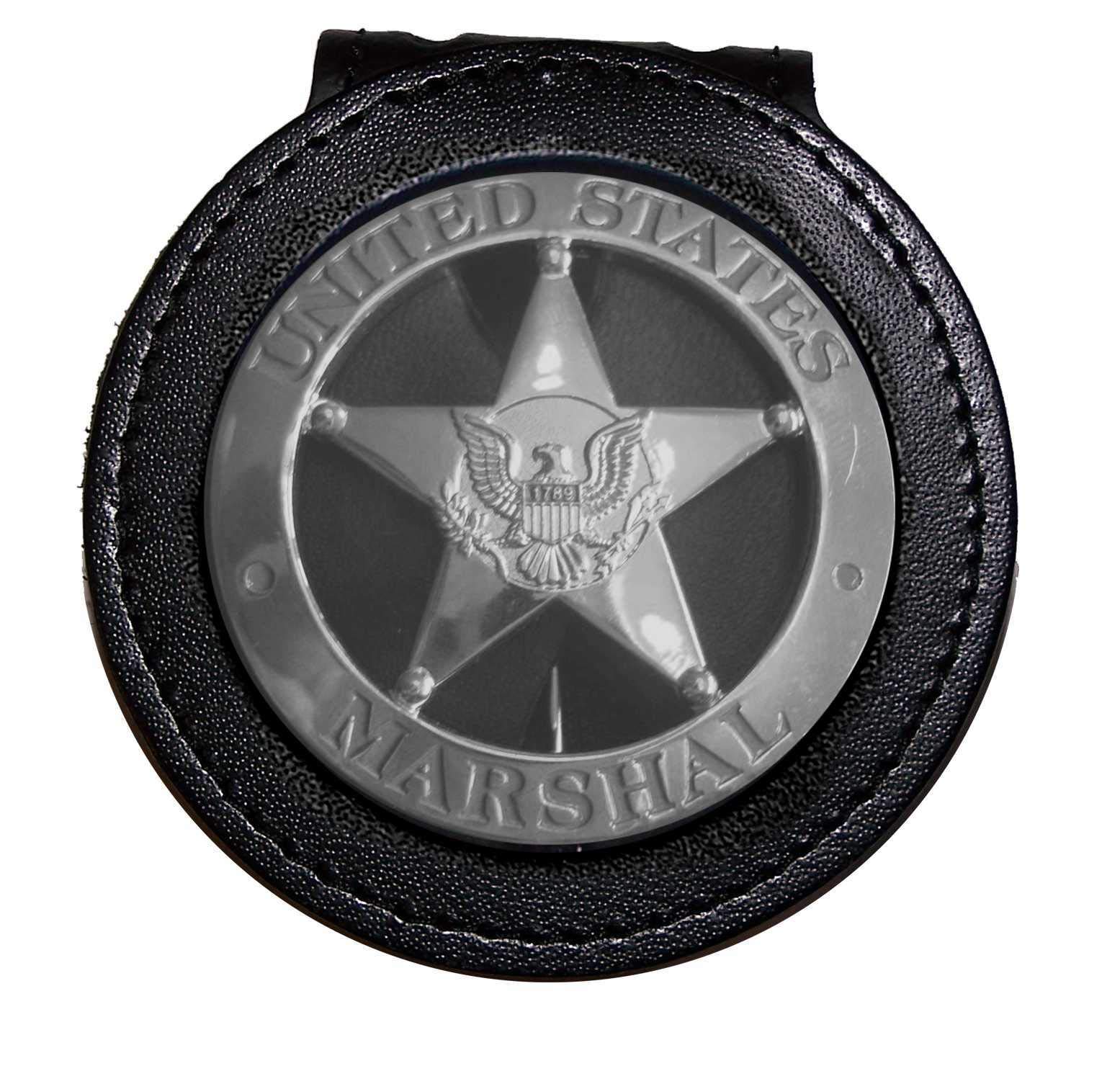 Round US Marshal Belt Clip Badge Holder Chain (2-1/4 inch recessed Cutout, Cutout PF281) Black Leather