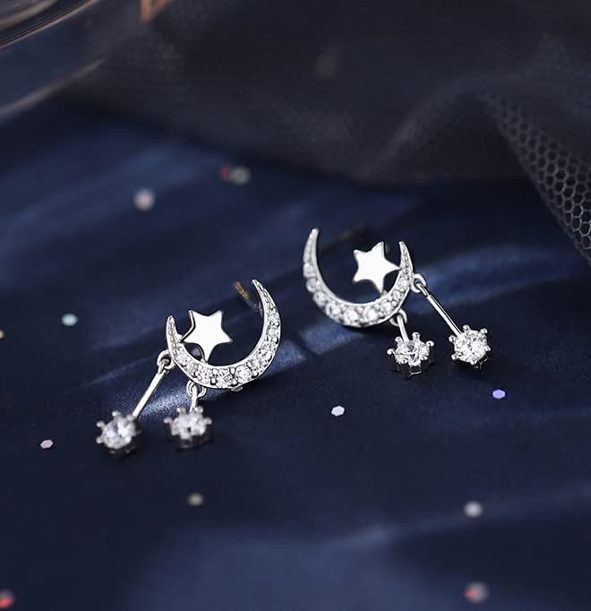 Reffeer 925 Sterling Silver Crescent Moon Star Earrings Studs for Women Teens Girls CZ Moon Studs Earrings Star Tassel Earrings (A-Silver)
