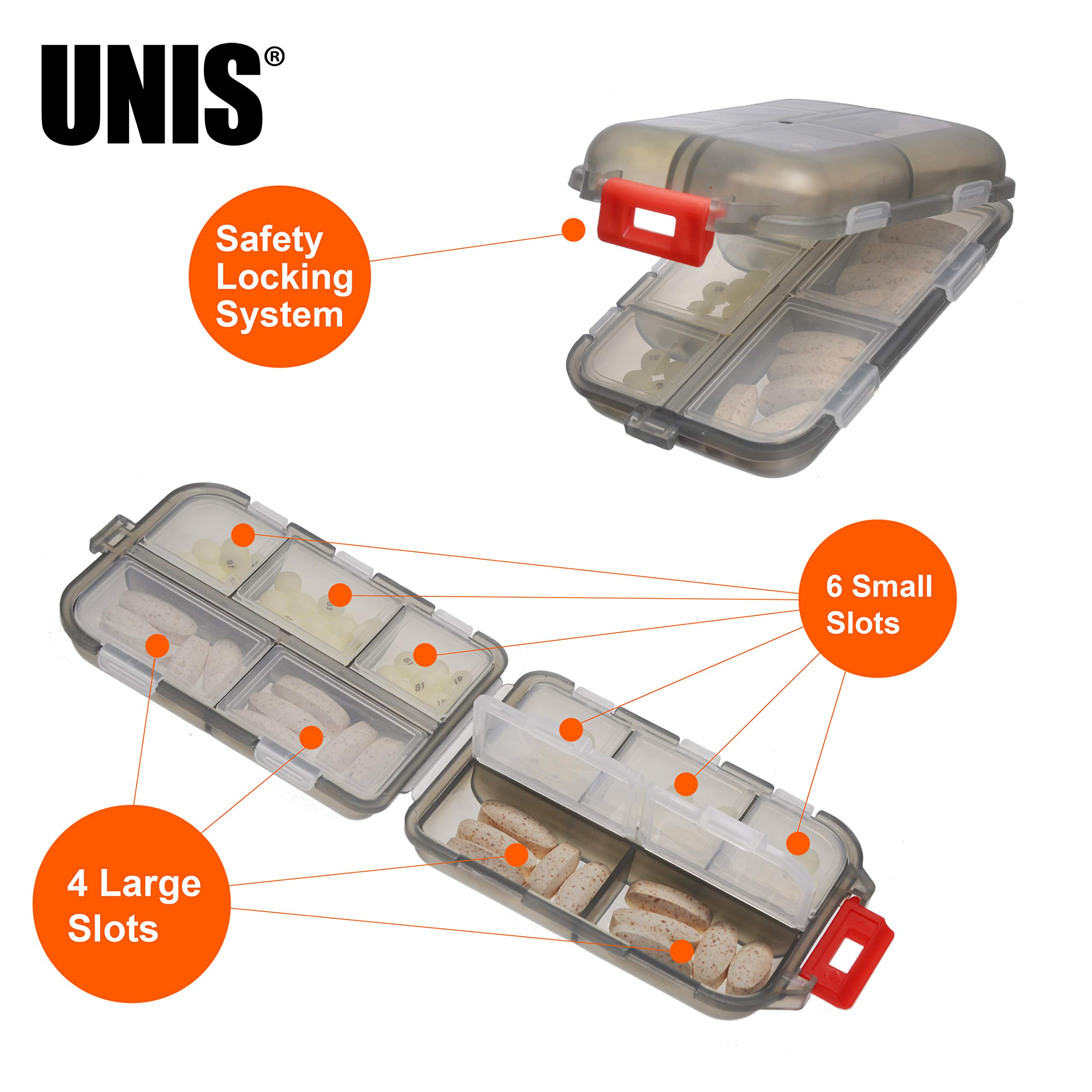 UNIS 2 Pack Foldable Pill Organizer Portable Case Box Medication Supplements Pill Medicine Container 10 Compartments 2 Pack