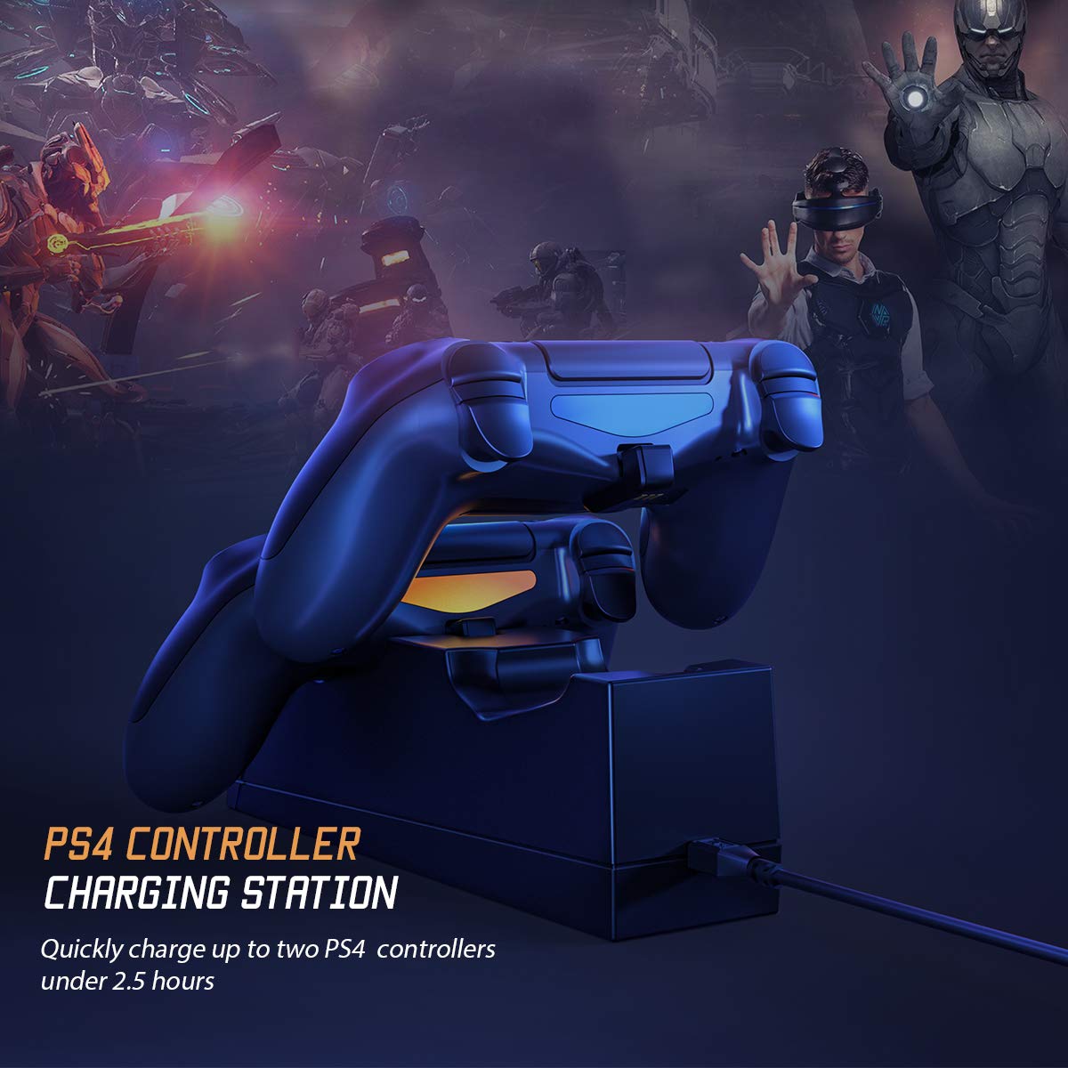 YCCTEAM Controller Charger Compatible with PS4, Dual Fast Controller Charging Station Compatible with Sony PS4,PS4 Slim,PS4 Pro with 4 Micro USB Connectors & LED Charging Indicator
