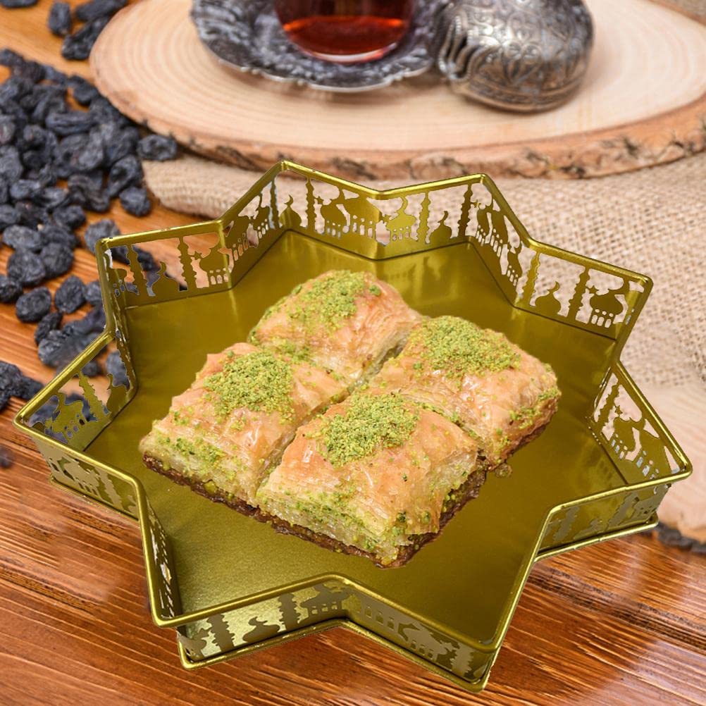 WYHFA Eid Mubarak Plate Iron Serving Tray, Ramadan Food Serving Tray Plate Dessert Pastry Candy DIY Display Tray for Eid Mubarak Party Decoration