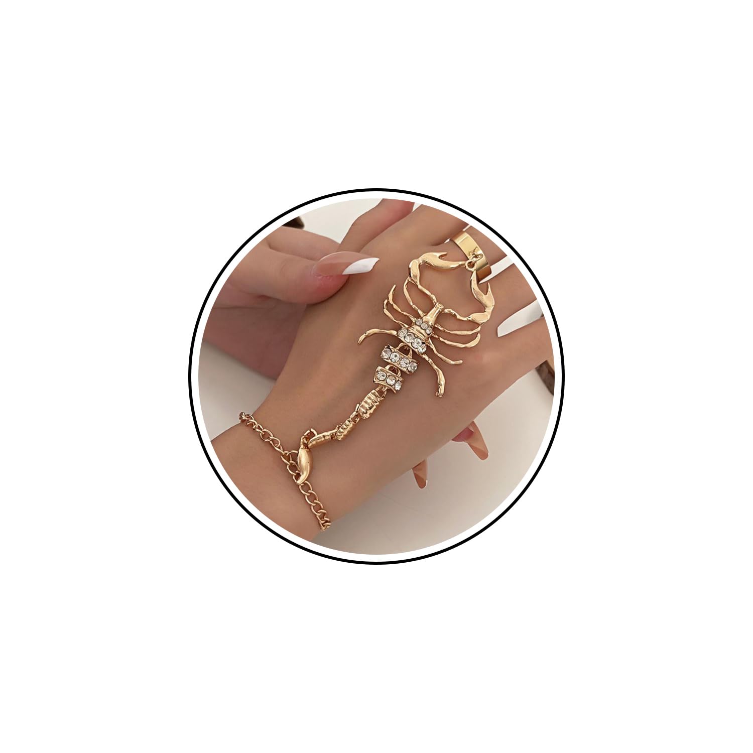 Zeshimb Punk Ring Bracelet Hand Chain Gold Rhinestone Scorpion Finger Ring Chain Bracelet Tassel Chain CZ Scorpion Ring Bracelet Vintage Slave Hand Chain Bracelet Jewelry for Women Girls