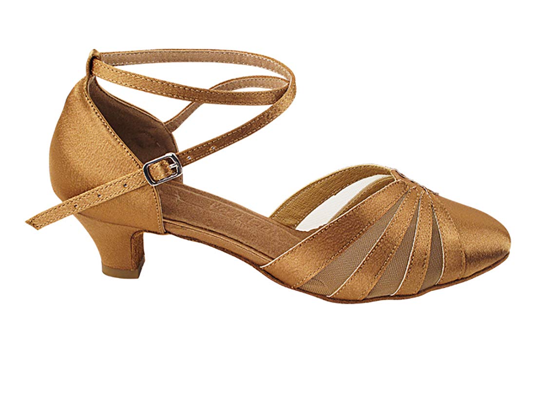 Very Fine Dance Shoes - Ladies Practice, Cuban Low Heel, Waltz Ballroom Dance Shoes - SERA3543-1.2-inch Heel and Foldable Brush Bundle - Brown Satin - 9