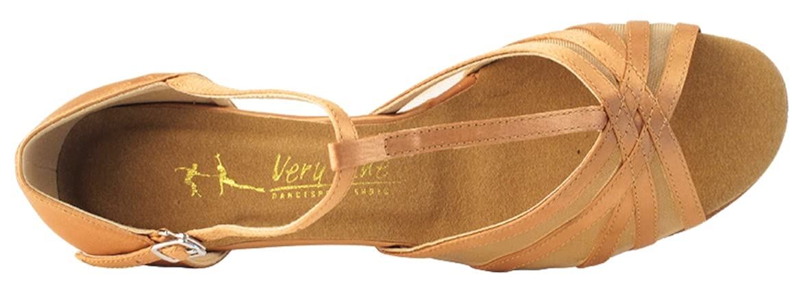 Very Fine Dance Shoes - Ladies Classic Practice - 16612FT 1" Heel & one Foldable Brush (Random Color) Bundle (Tan Satin & Flesh Mesh, Numeric_9)