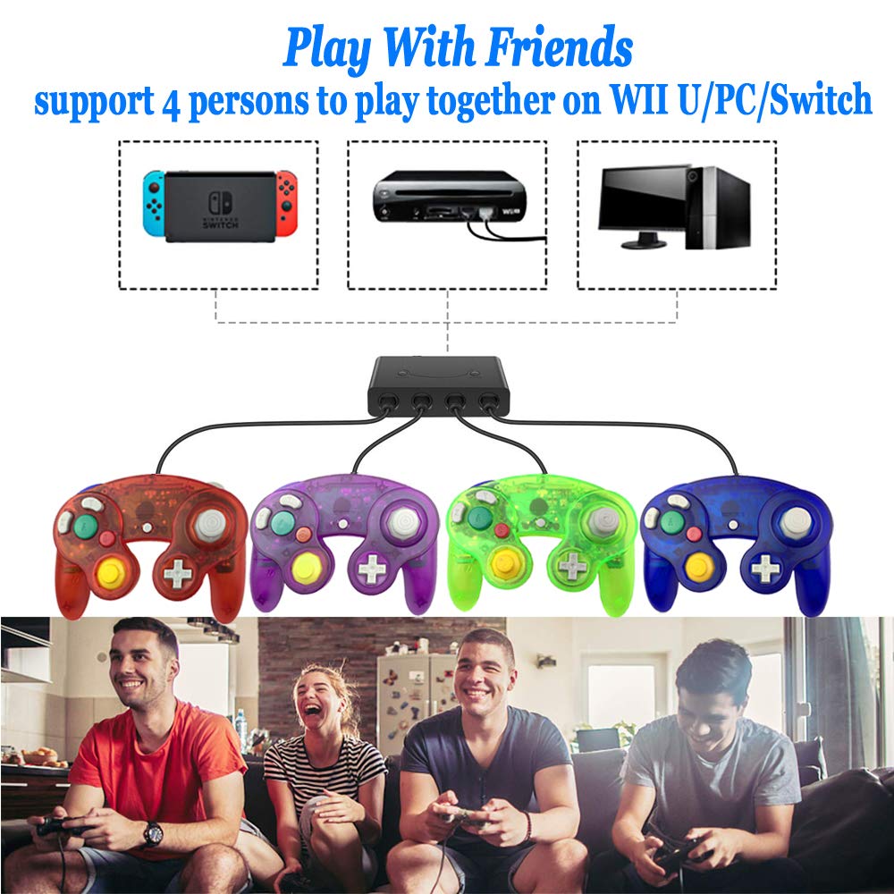 Reiso 4 Pack Controllers for Game Cube, with 4 Game Cube Extension Cables and 4-Port Game Cube Adapter for Switch PC Wii U Console