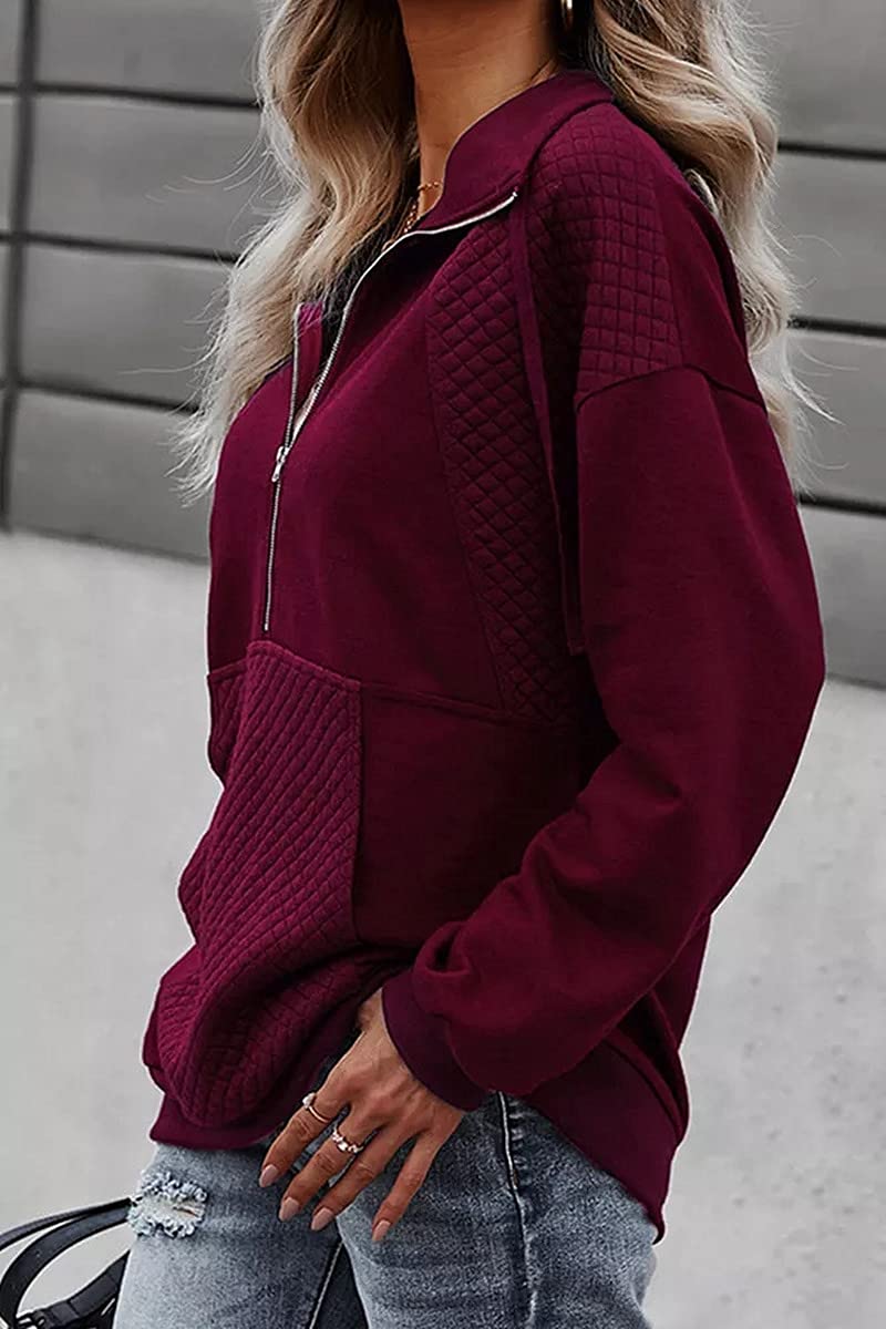 Veatzaer Womens Long Sleeve Zipper V Neck Quilted Pattern Pocket Sweatshirt Casual Ladies Pullovers Shirts Tops Wine Red