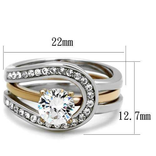 Set Stainless Steel & Rose Engagement Ring Split Shank Round Cut Ctr & CZ Sides