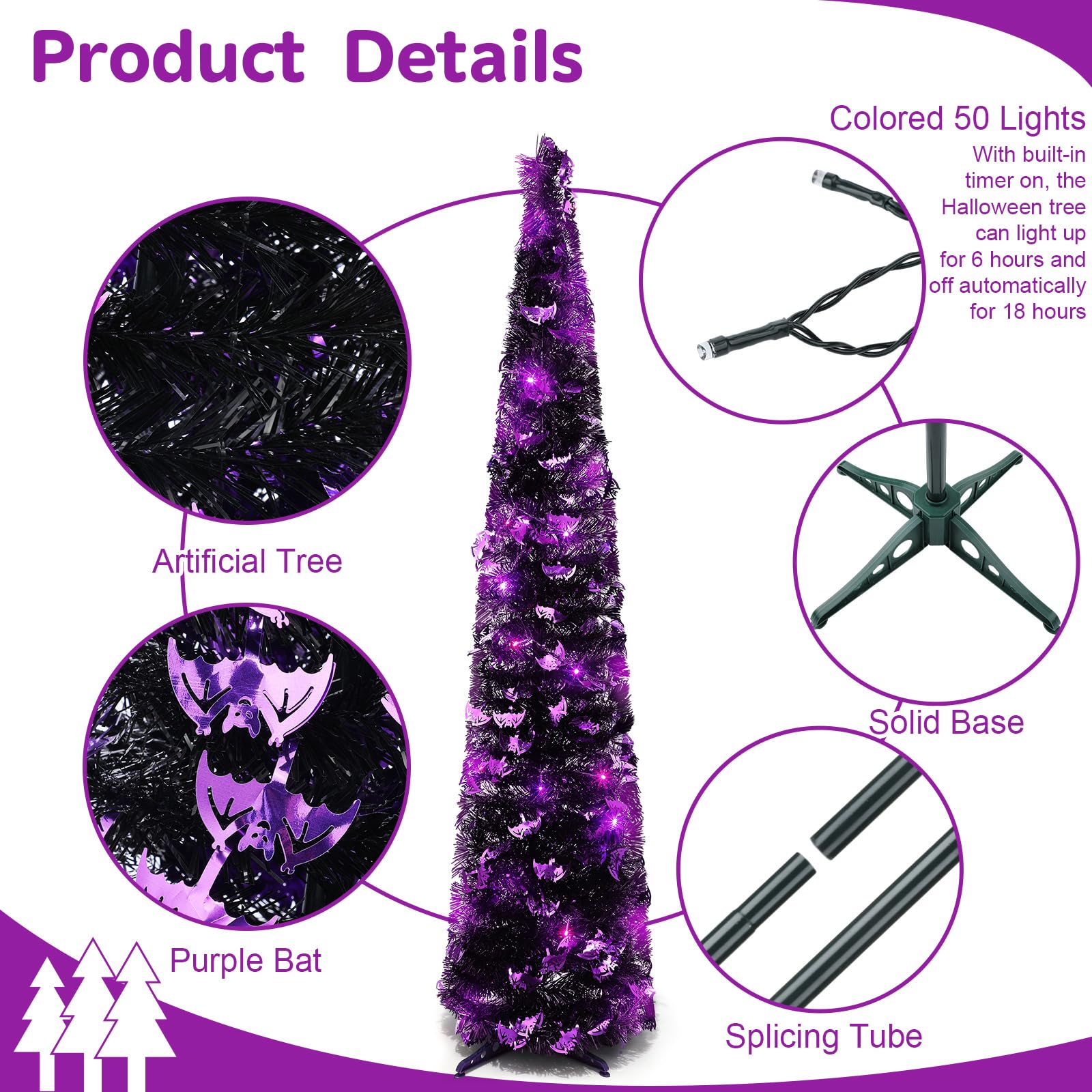 Therwen 5 FT Halloween Tree Halloween Artificial Black Tree with 50 LED String Lights Timer Bat Purple Pencil Collapsible Tinsel for Holiday Party Halloween Festival Home Decoration