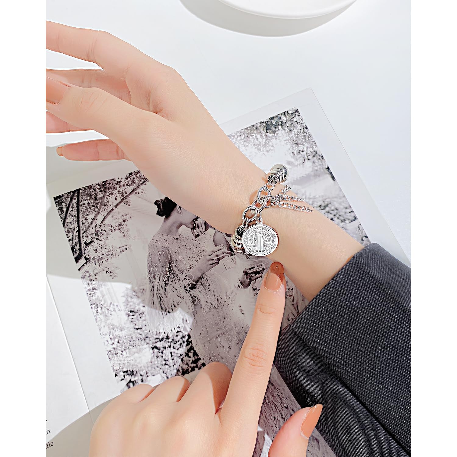 TEMICO Stainless Steel Cross Saint Benedict Coin Charm Bracelet for Women Catholic Exorcism Protection Jewelry