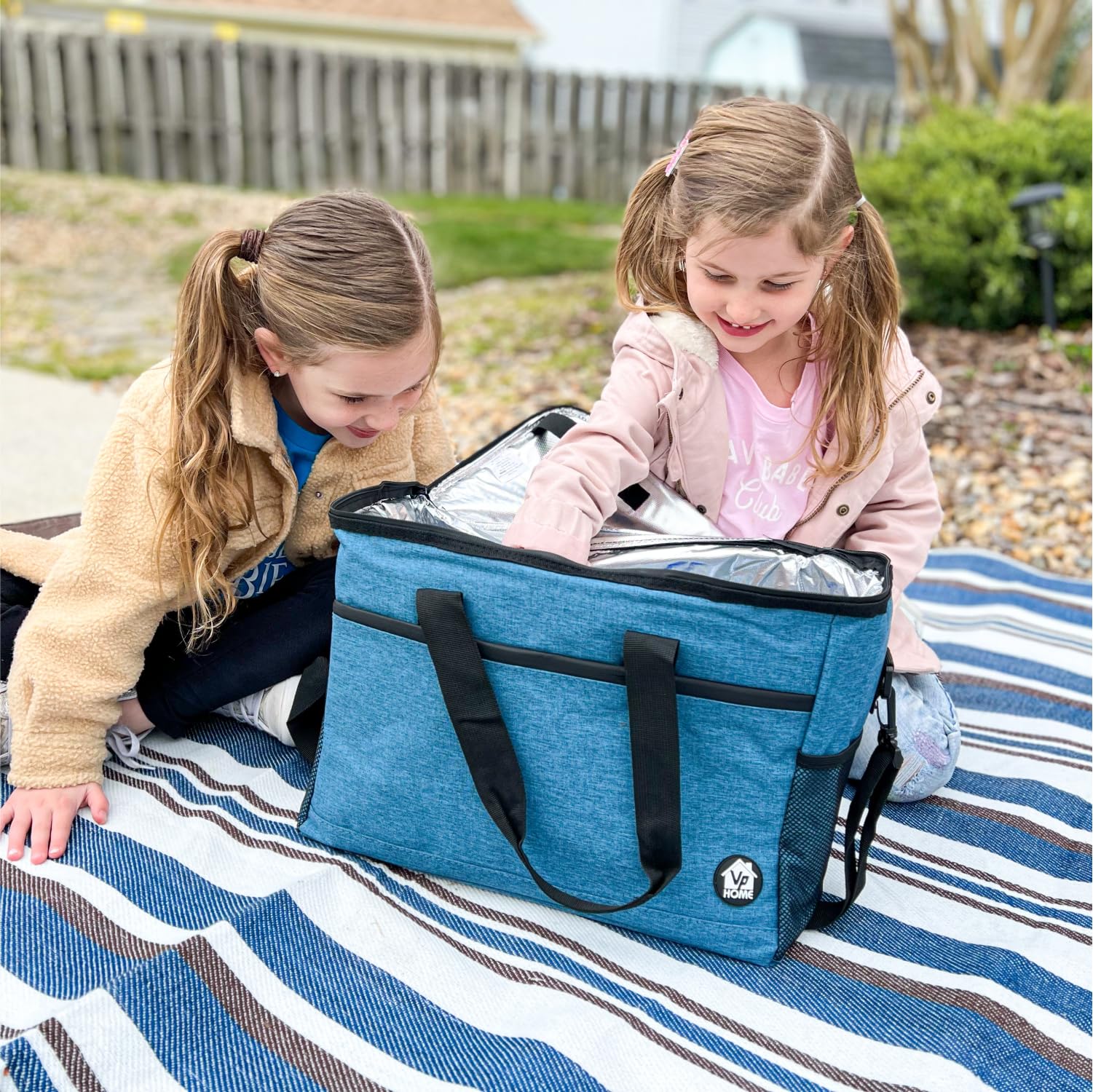 VP Home 48 Can Large Collapsible Insulated Cooler Bag for Travel Camping Beach Picnic BBQ with Shoulder Strap (Heather Blue)