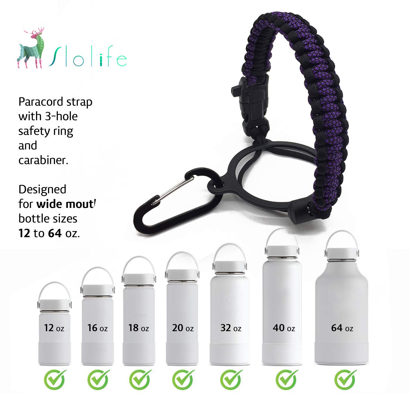 Slo Life Paracord Handle Strap Cord with Safety Ring & Carabiner for Hydro Flask & Other Wide Mouth Water Bottle for Hiking Camping Walking 12-64oz-Rainbow