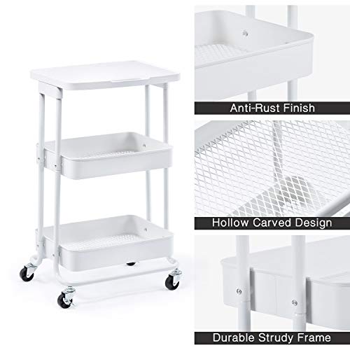 TOOLF 3-Tier Metal Rolling Storage Cart with Plastic Tabletop, 3-Tier Metal Serving Rolling Cart with Contral Handle,Trolley Organizer with Locking Wheels for Library Office Classroom Home Dedroom