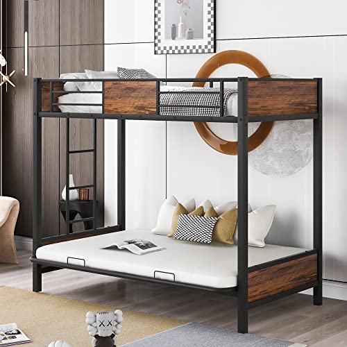 Polibi Twin-Over-Futon Couch and Bed, Metal Futon Bunk Bed with Guardrails and Ladder (Black)