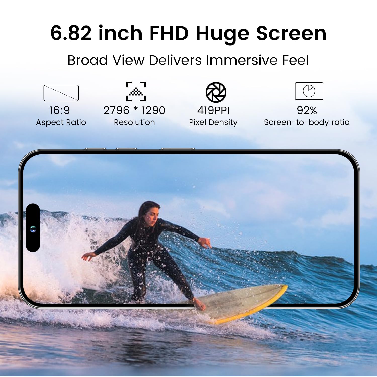 SANSHREUNI A14 Pro Max Unlocked Smartphone, 6+256GB Android 13 Unlocked Mobile Phone, 6.82" FHD+ Display 64MP Camera 5G Cell Phones 6000mAh Battery/Dual SIM/GPS/Face ID Smart Phone, White