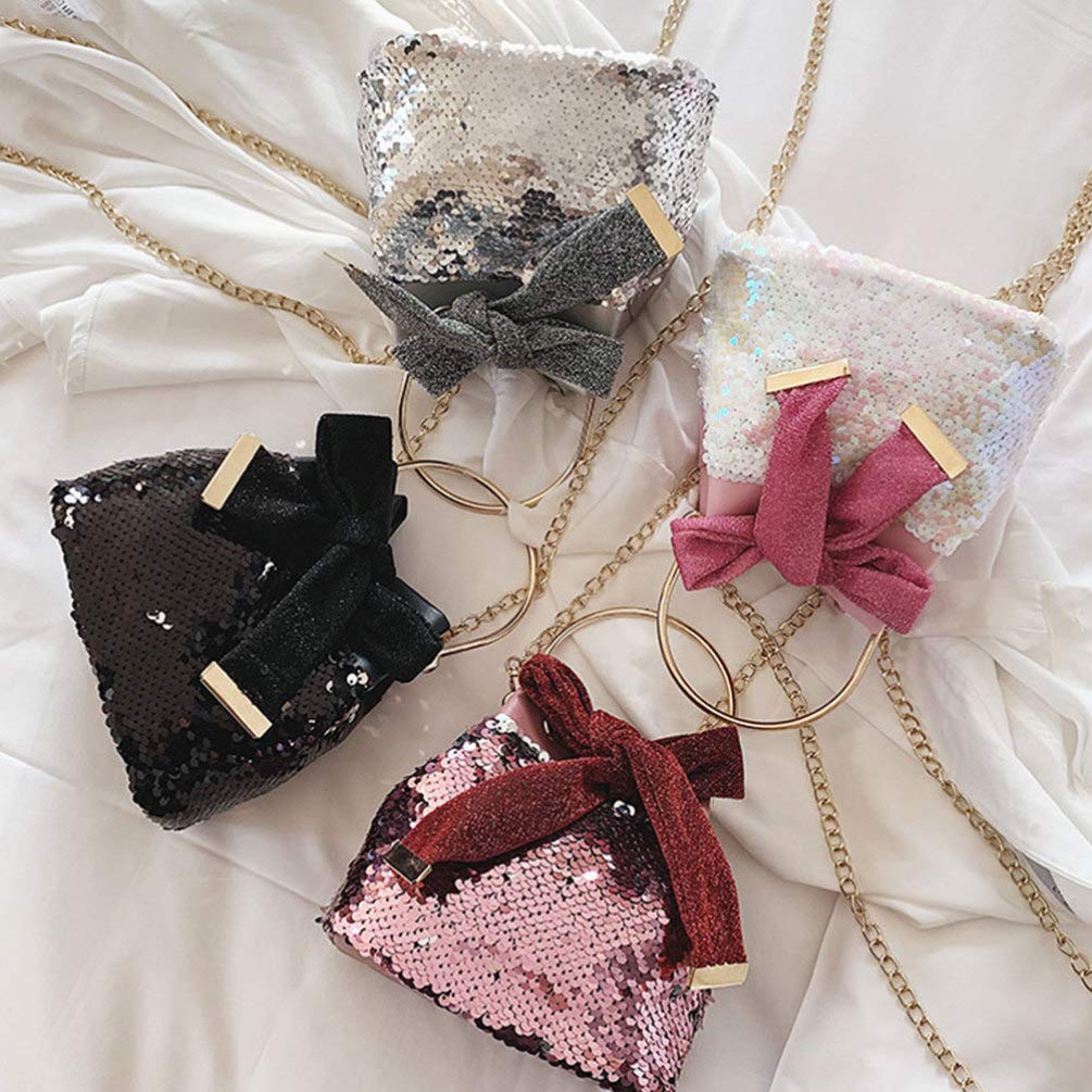 TENDYCOCO Crossbody Bag Top Handle Flip Sequin Clutch Glitter Drawstring Bucket Bag Bow Tie Knot Shiny for Women Ladies