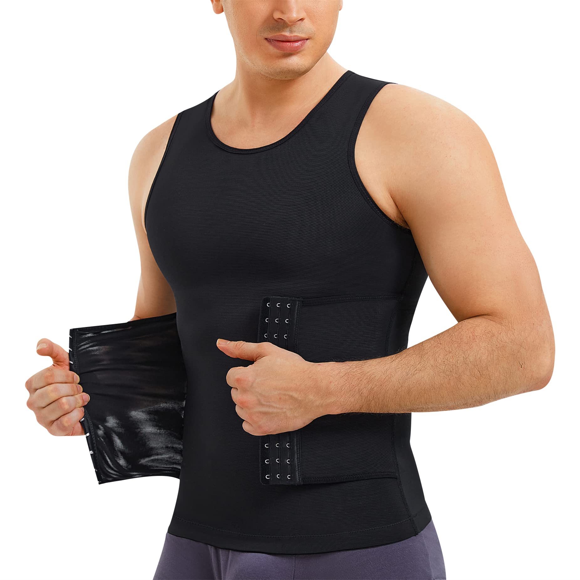 TAILONG Mens Compression Shirt Undershirt Abdomen Slimming Body Shaper Vest Workout Tank Top Tummy Control Shapewear (Black, X-Large)