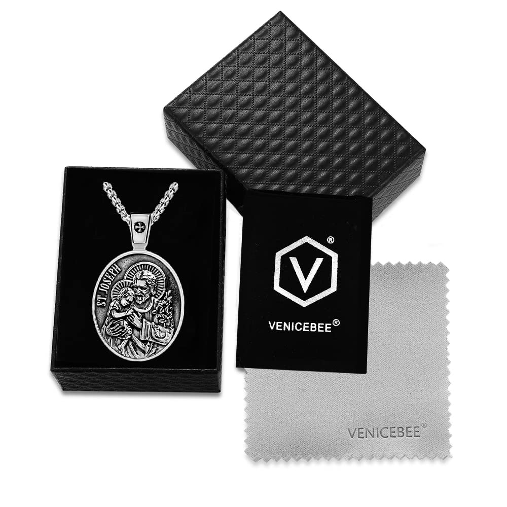 VENICEBEE® Saint Joseph Medal St. Joseph Father with Son Jesus Christ Devotional Christian Amulet Solid 925 Sterling Silver Pendant Necklace + Velvet Pouch, Polishing Cloth, Fine Gift Box