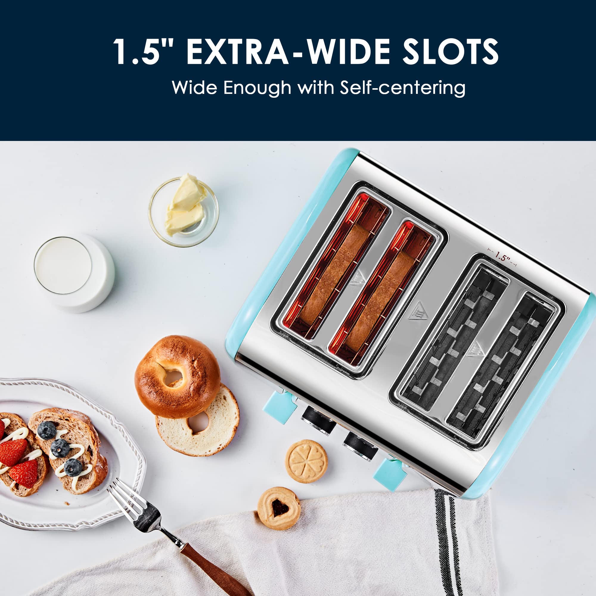 Toaster 4 Slice, CUSINAID 4 Wide Slots Stainless Steel Toasters with Reheat Defrost Cancel Function, 7-Shade Setting, Blue
