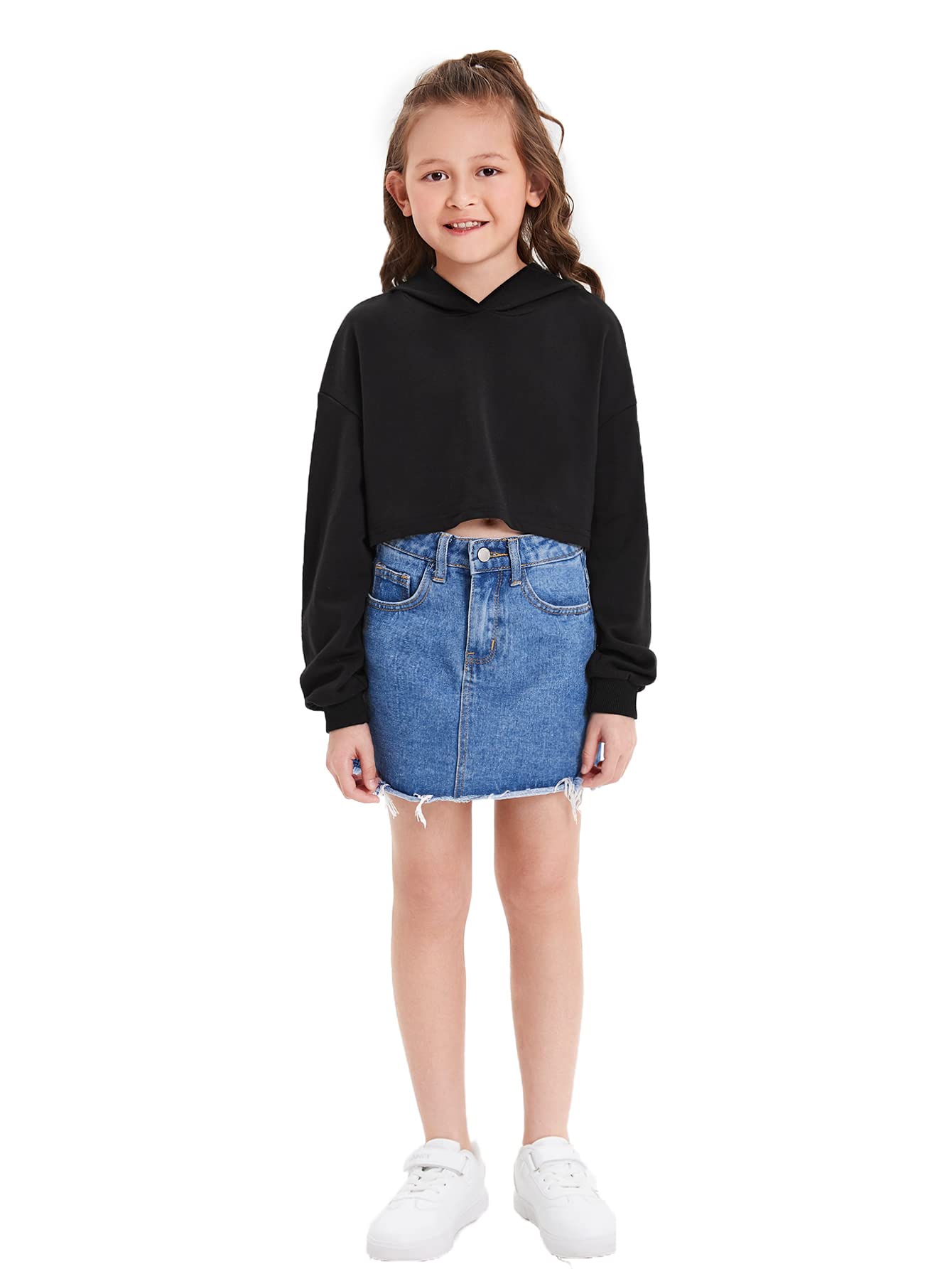 WDIRARA Girl's Cute Cat Ear Crop Tops Long Sleeve Causal Plain Crop Hoodie Sweatshirt Pullover Shirt with Cat Ear Black 8Y