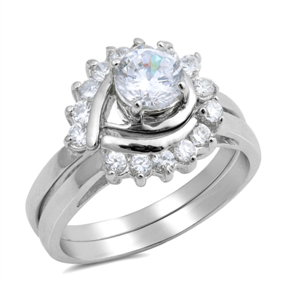 Round Clear CZ Solitaire Wedding Ring Set .925 Sterling Silver Band Size 9