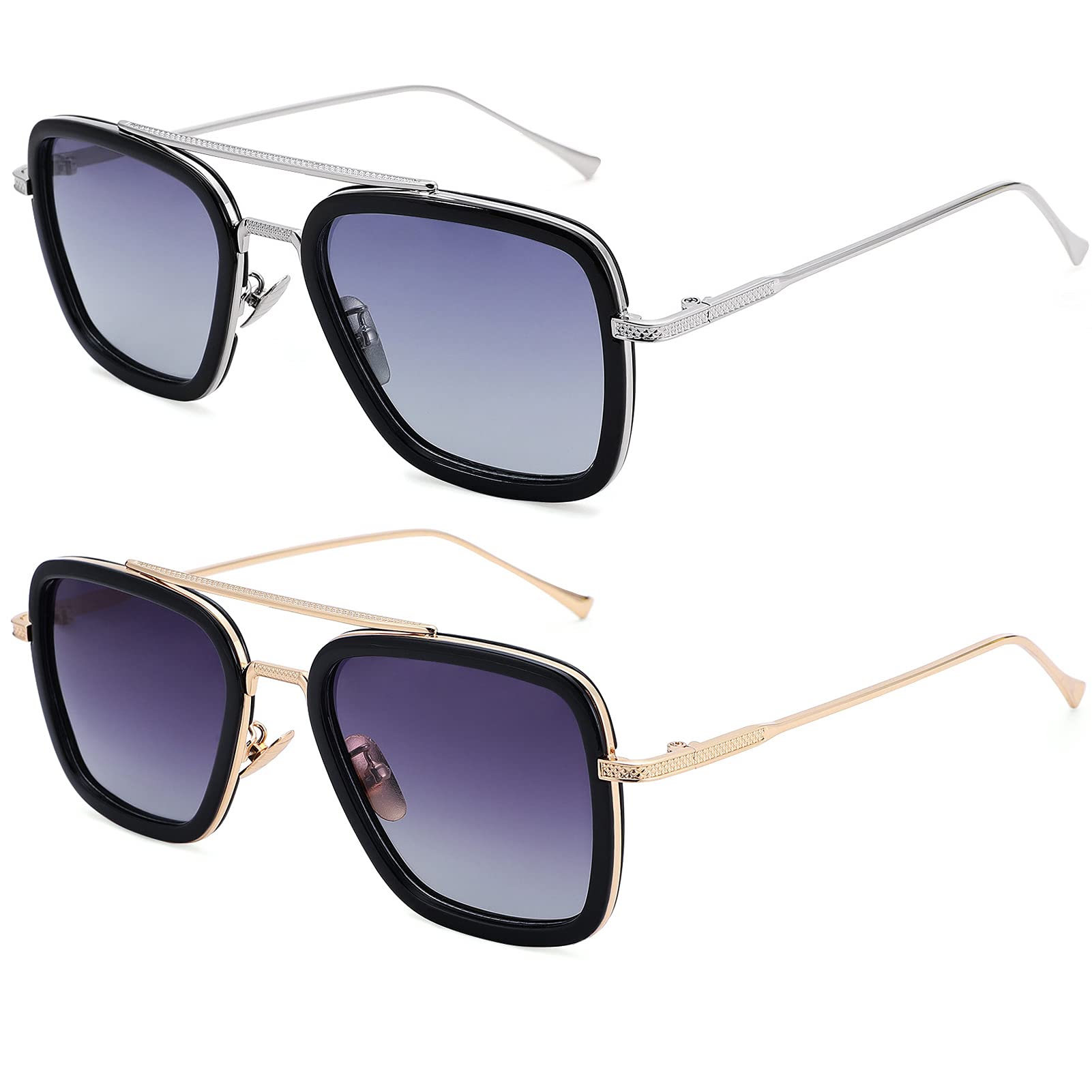 Tony Stark Polarized Sunglasses for Men – Women Vintage Aviator Square Metal Frame Iron Man Edith Glasses (Silver/Blue + Silver/Gradient Gray) - 2 Pack