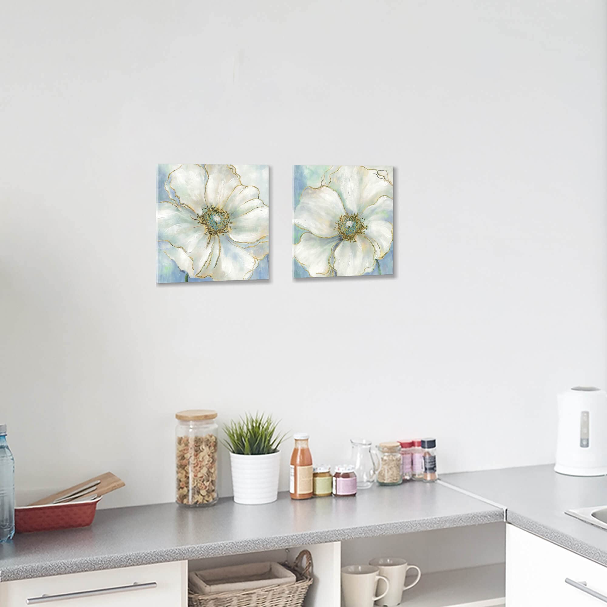 TAR TAR STUDIO Flower Picture Abstract Wall Art: White Blossoms Painting Artwork Print on Canvas for Bathroom (12" W x 12" H x 2 PCS, Multiple Style)