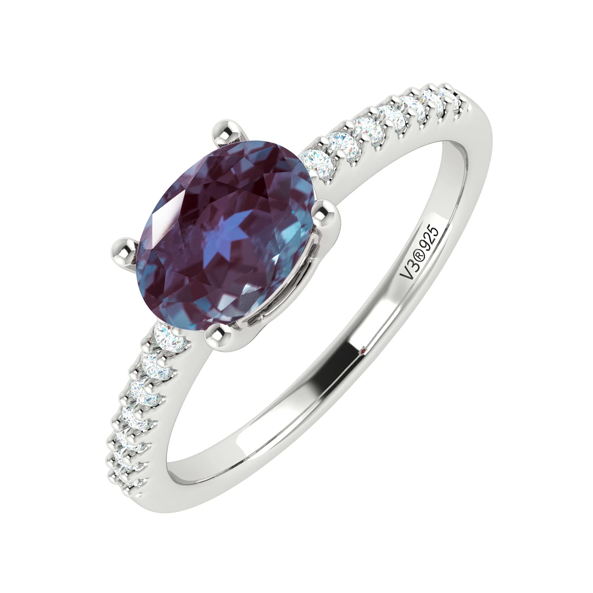 V3 Jewelry Sterling Silver With Color Changing Alexandrite and White Topaz Solitaire Ring