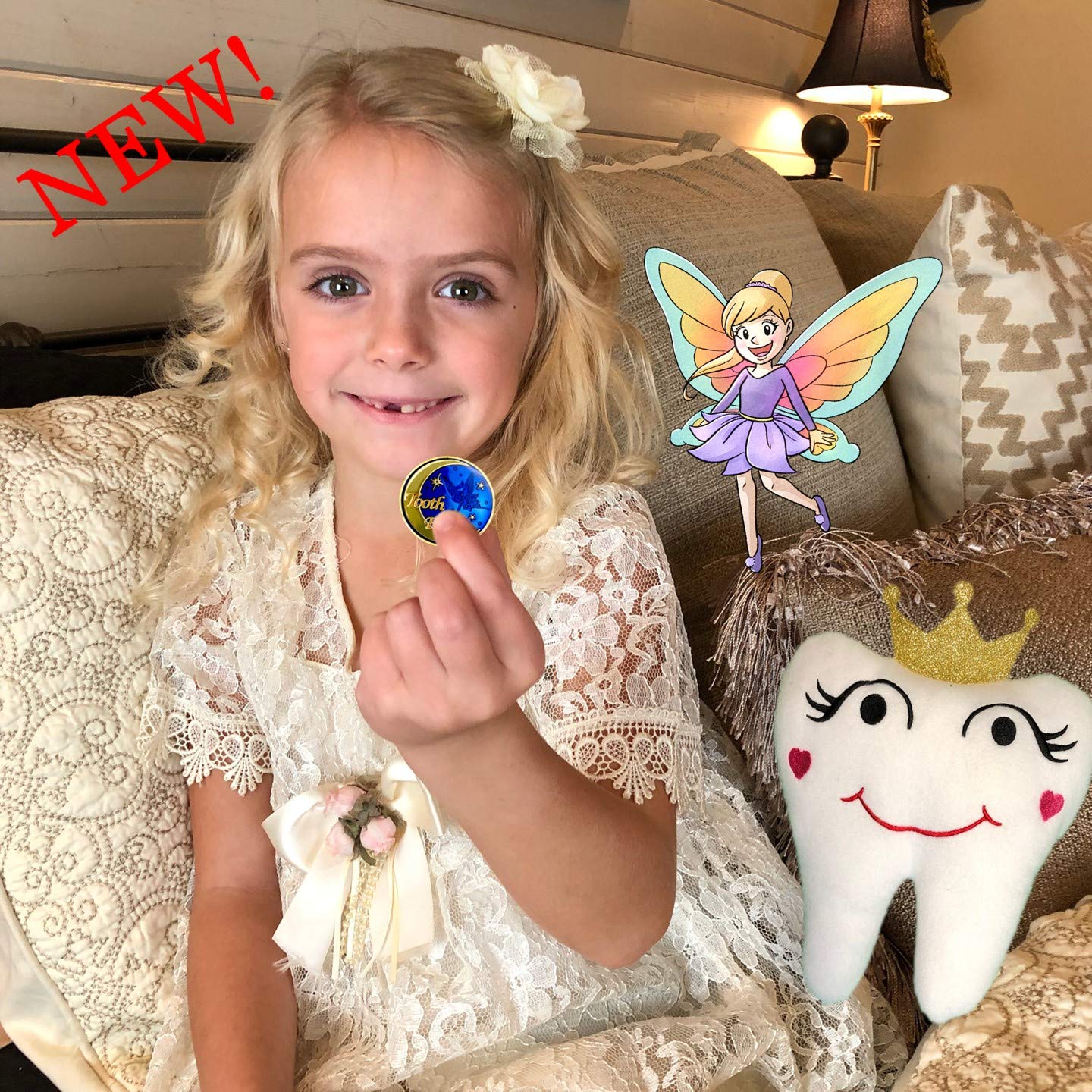 Tooth Fairy Pillow Book and Gold Coin Keepsake Set Kit with Velvet Memory Bag for Boys and Girls