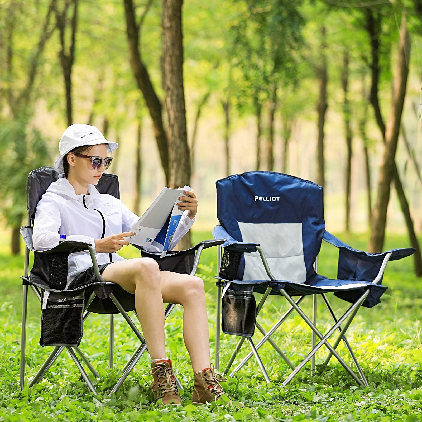 PELLIOT Portable Camping Chair Heavy Duty Lumbar Back Supports 300 lbs, Padded Hard Arm Folding Camp Beach Chair with Cup Holder