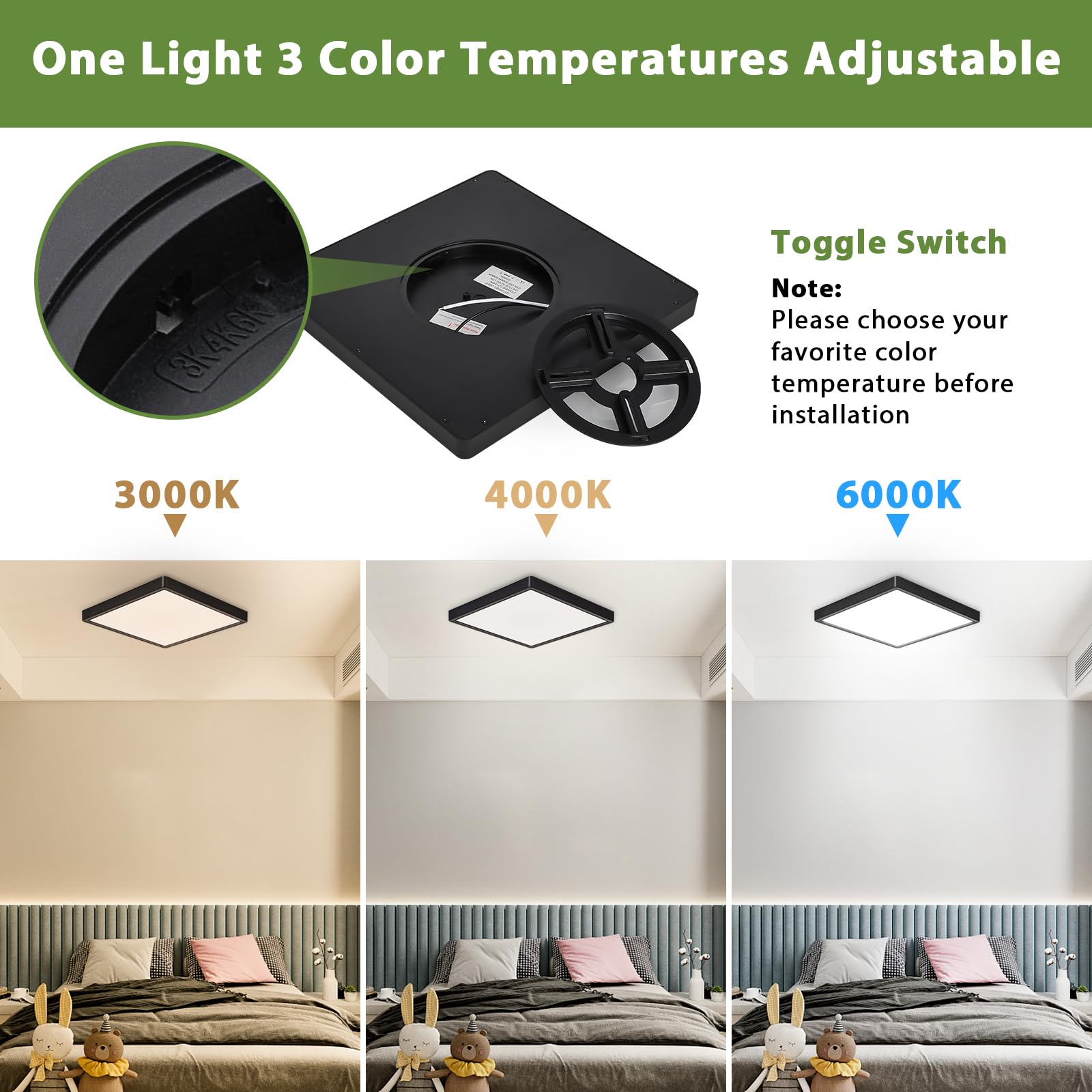 Rezant 12 Inch 24W Flush Mount Square LED Ceiling Light, 3000K/4000K/6000K Adjustable Flush Mount Light Fixture, 2800LM Bright Flat Ceiling Light Fixtures for Bedroom, Kitchen, Hallway (Black-4 Pack)