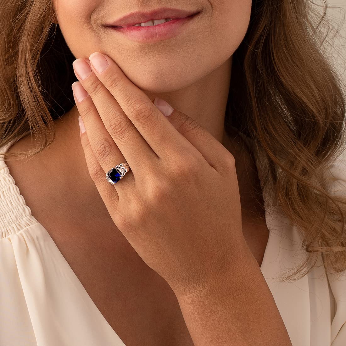 PEORA Created Blue Sapphire Ring for Women 925 Sterling Silver, Designer Criss-Cross Solitaire, 3 Carats Radiant Cut 9x7mm, Comfort Fit, Size 6