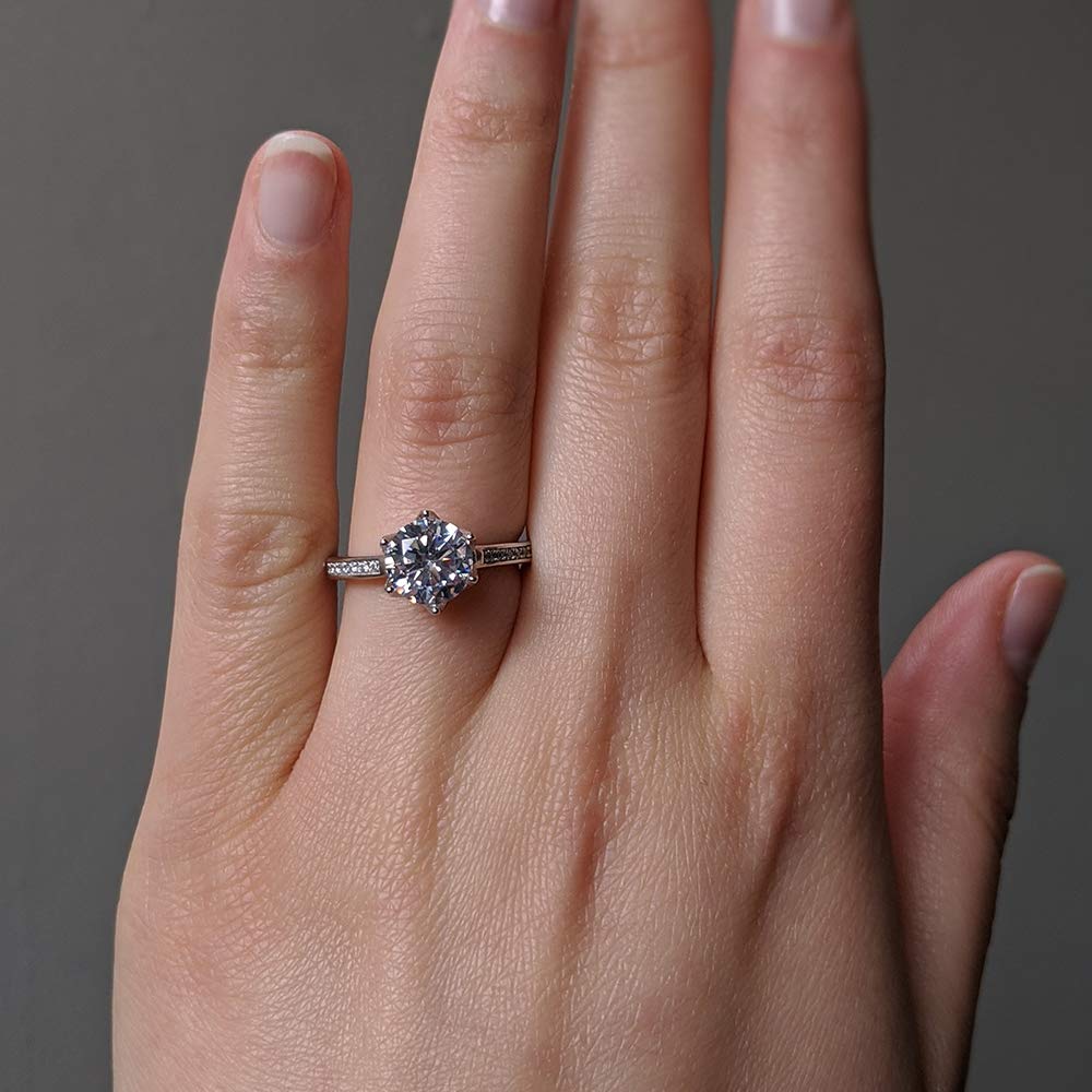 TwoBirch 18k White Gold Plated Sterling Silver Round Tulip Setting Cubic Zirconia Engagement Ring with Accent Side Stones (Size 8)