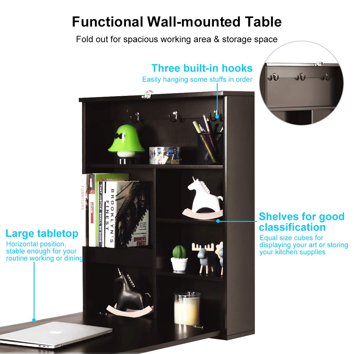 Tangkula Folding Wall Mounted Desk, Floating Desk with Chalkboard, Space Saving Fold Up Desk Wall Mounted Convertible Desk, Wall Mounted Table with Storage Shelves & Hooks (Espresso)