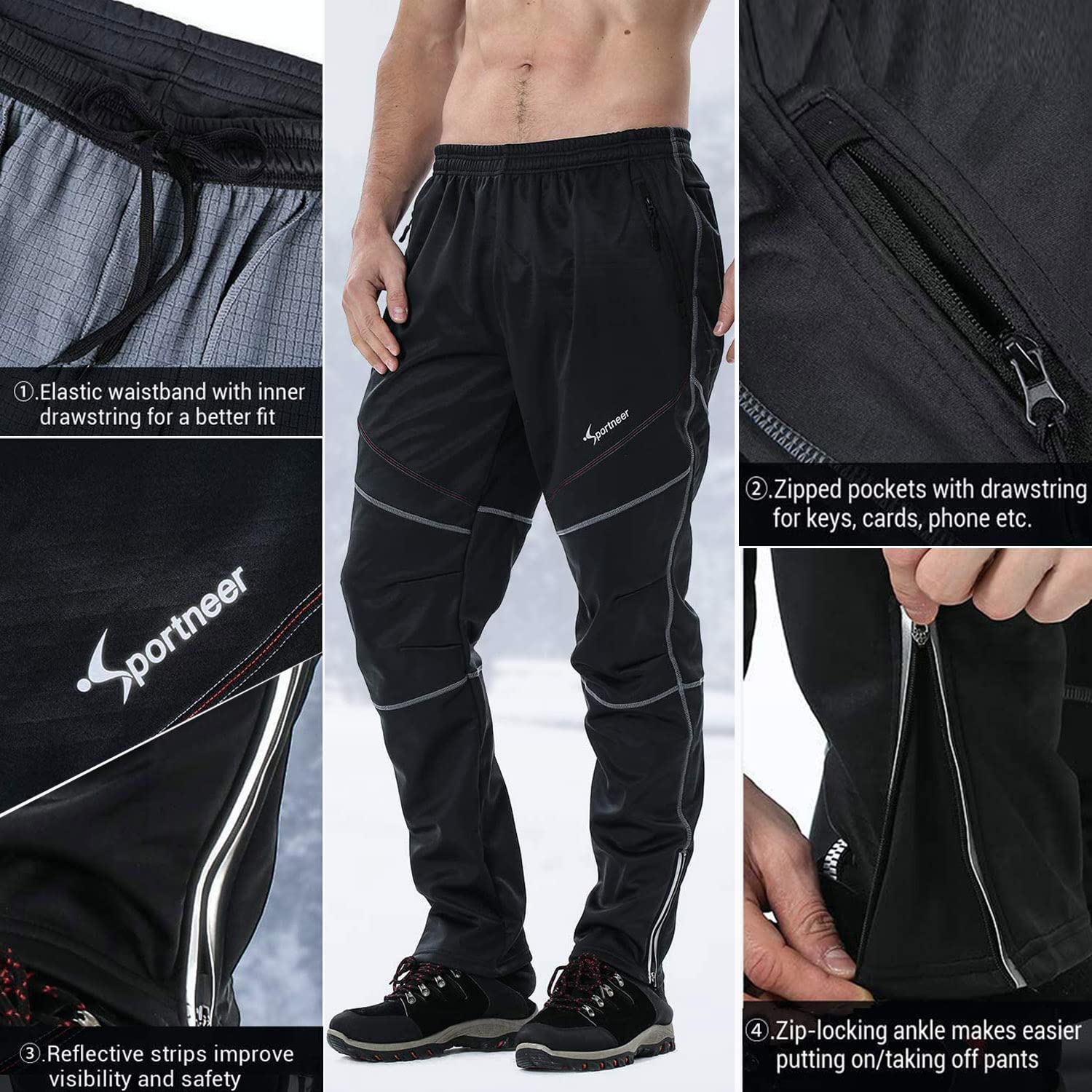Sportneer Mountain Bike Pants for Men Fleeced Windproof Cycling Running Winter Hiking MTB Pants Workout Multi Sports Pants Black