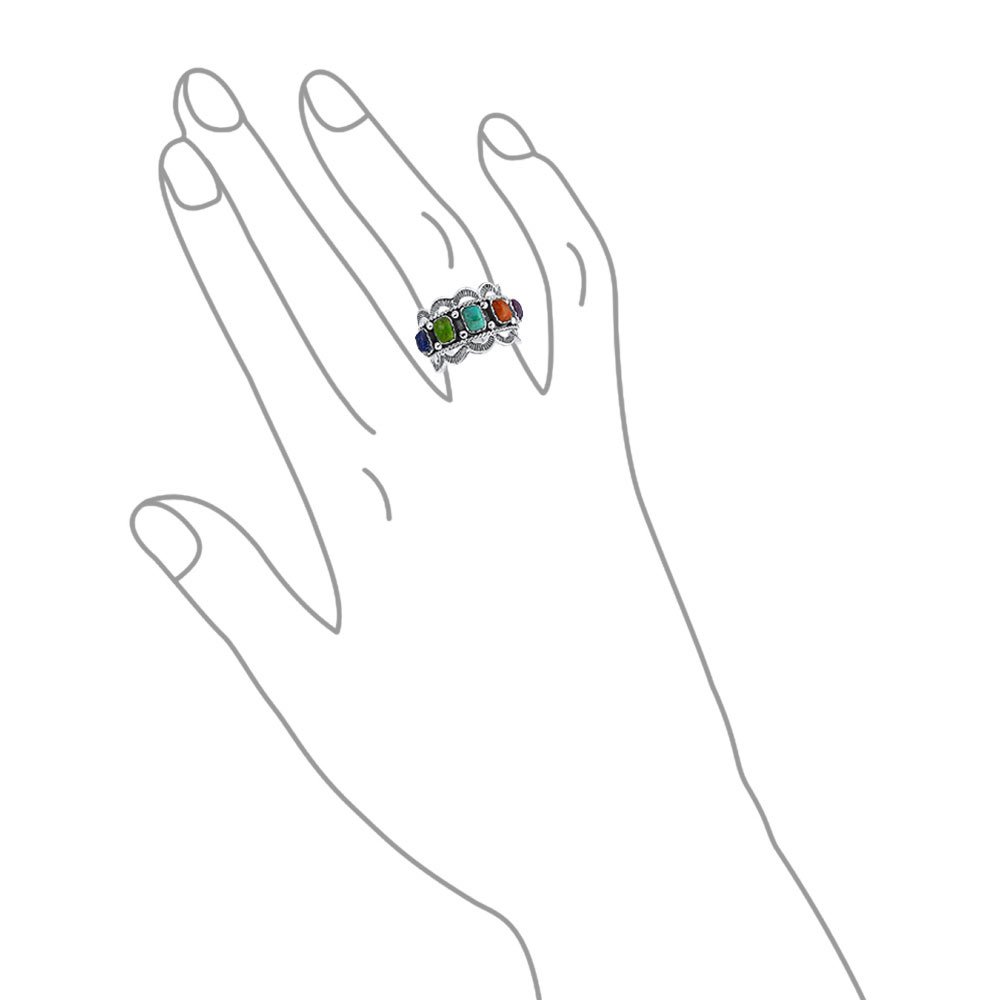 Personalize Southwest Boho Western Style 5 Rectangle Multi Color Genuine Gemstones Bezel Set Purple Blue Green Orange Statement Wide Band Ring For Women Oxidized .925 Sterling Silver Customizable