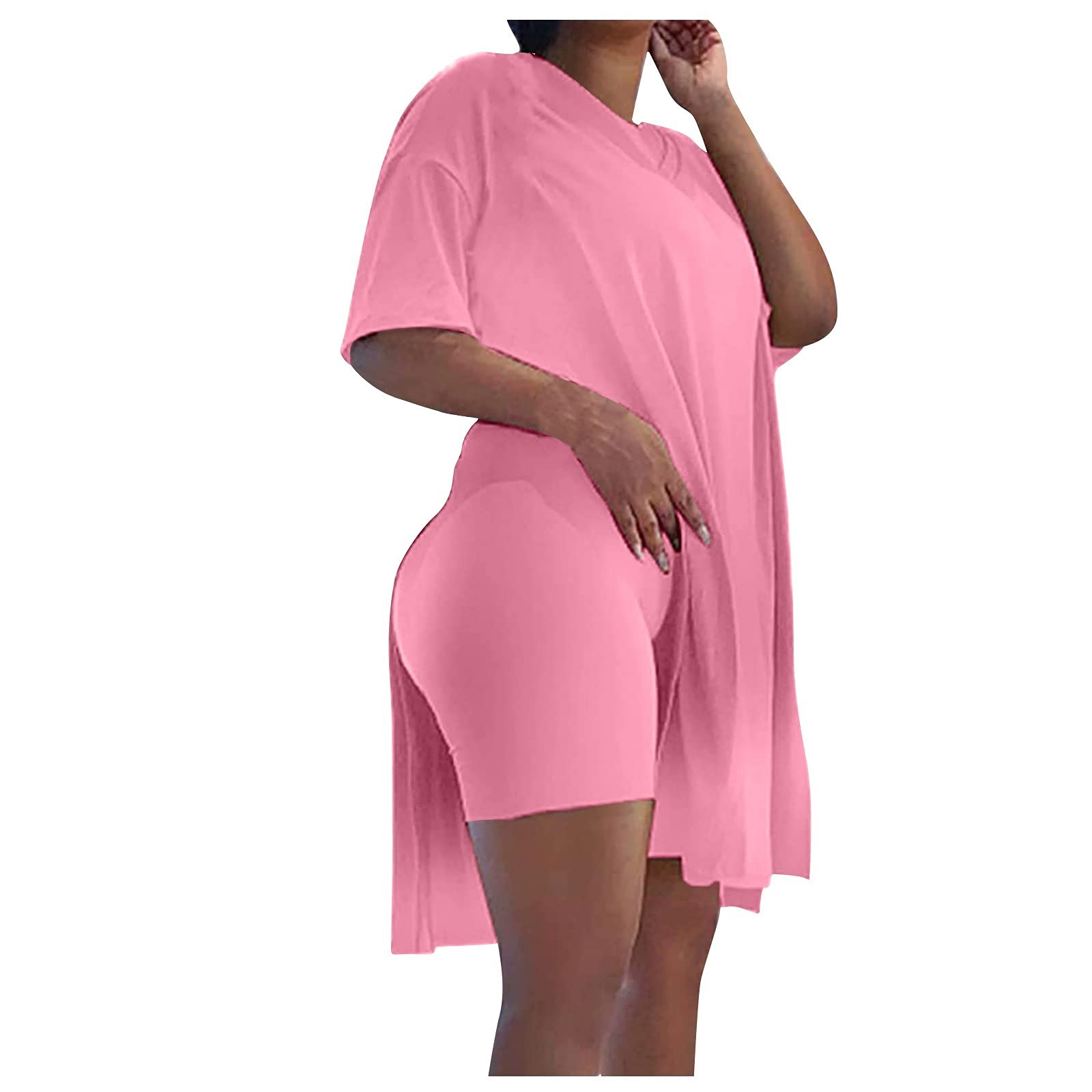 Women 2 Piece Tracksuit Outfit V-Neck Side Split Tops Yoga Bodycon Shorts Jogger Outfit Plus Size Lounge Sets