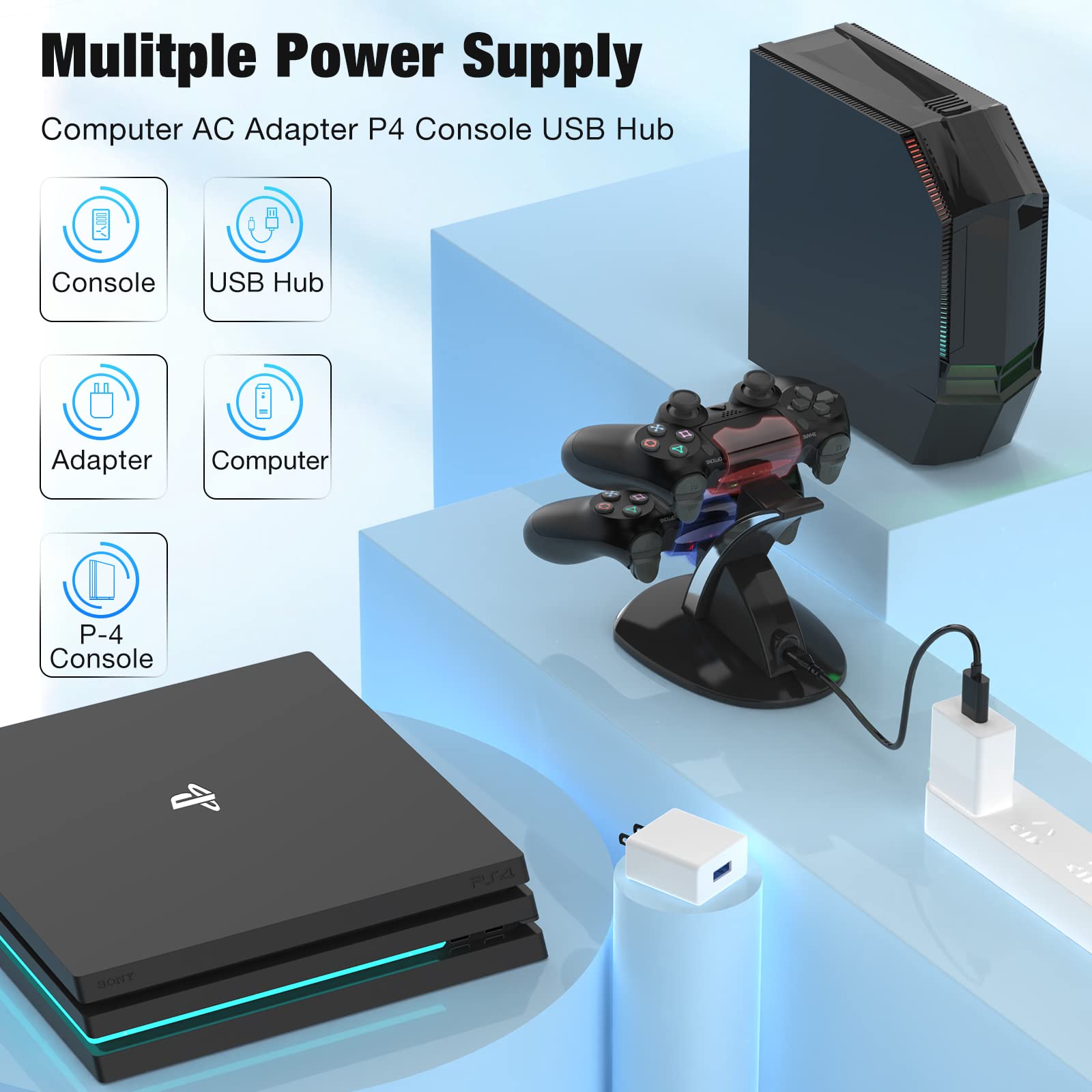 PS4 Controller Charger, Y Team Dual USB PS4 Charging Dock Station with Protection Chip LED Indicator, 2 Hrs Fast Safe Charging PS4 Charger for Playstation 4/PS4 Pro/PS4 Slim