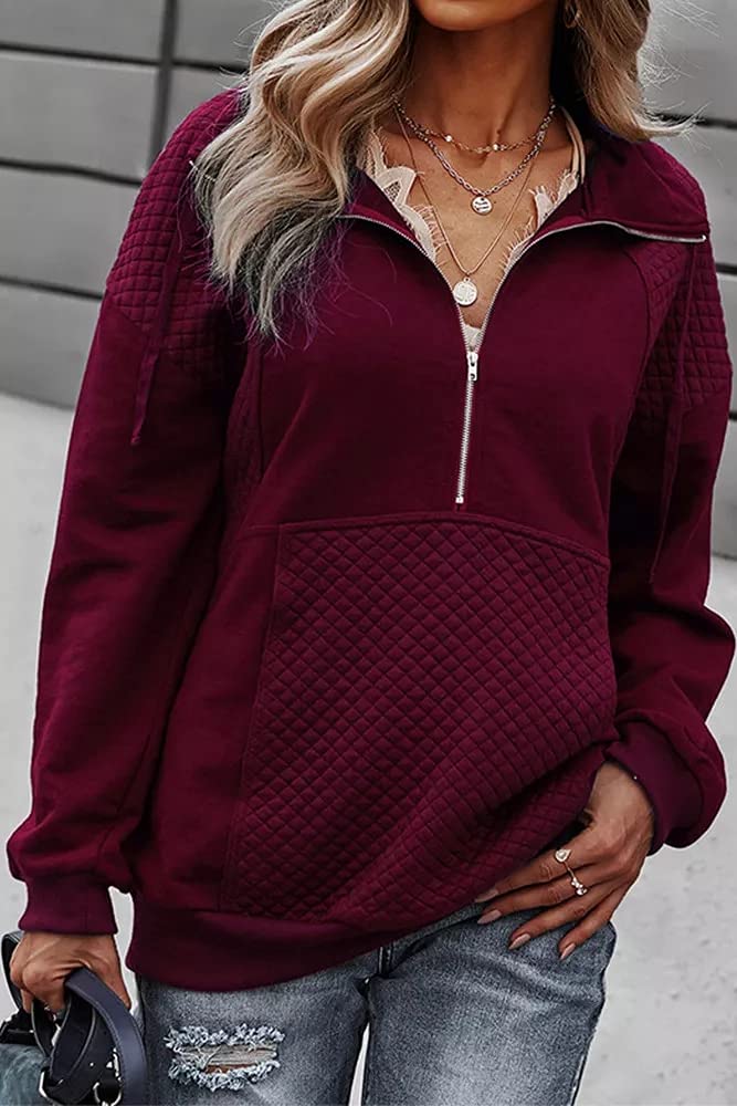 Veatzaer Womens Long Sleeve Zipper V Neck Quilted Pattern Pocket Sweatshirt Casual Ladies Pullovers Shirts Tops Wine Red