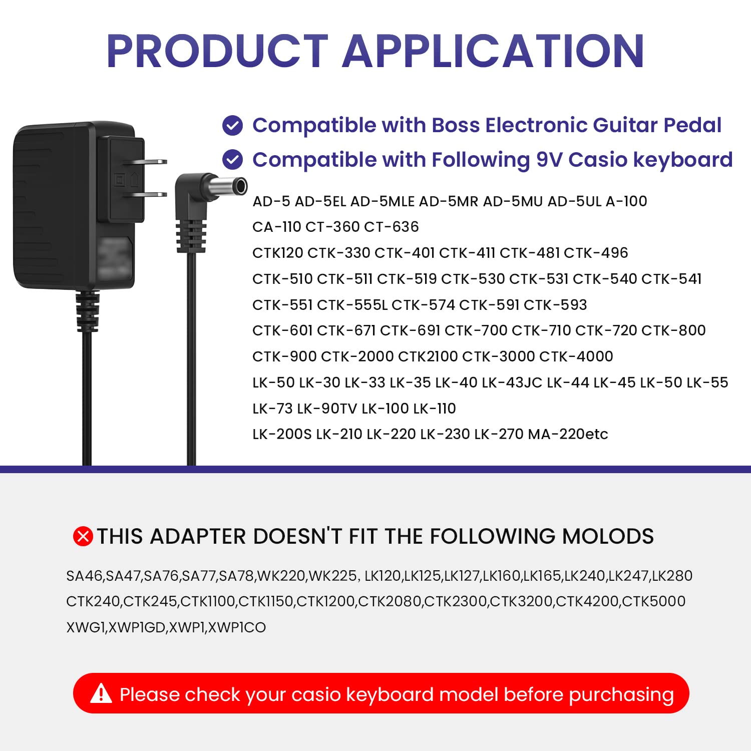 XXSZHY Guitar Pedal Power Supply, AC DC 9V Power Cord, Adapter for BOSS Effects Pedal and Casio Keyboard, Roland Musical Instruments, Distortion, PSA -120S, 9V 850mA - Center Negative
