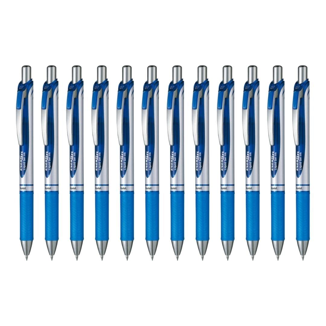 Pentel Gel Ink Pen, EnerGel RTX Gel Pens, 0.7 mm Metal Tip, Black/Silver Barrel, Blue Ink, 12 Each (BL77-C)