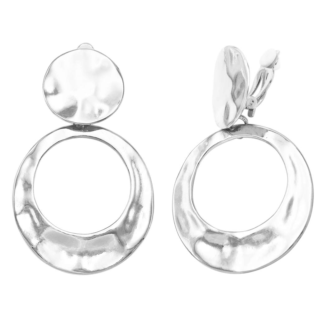 Rosemarie Collections Women's Statement Matte Hammered Metal Disc Hoop Dangle Clip on Style Earrings, 2.75" (Polished Silver Tone)