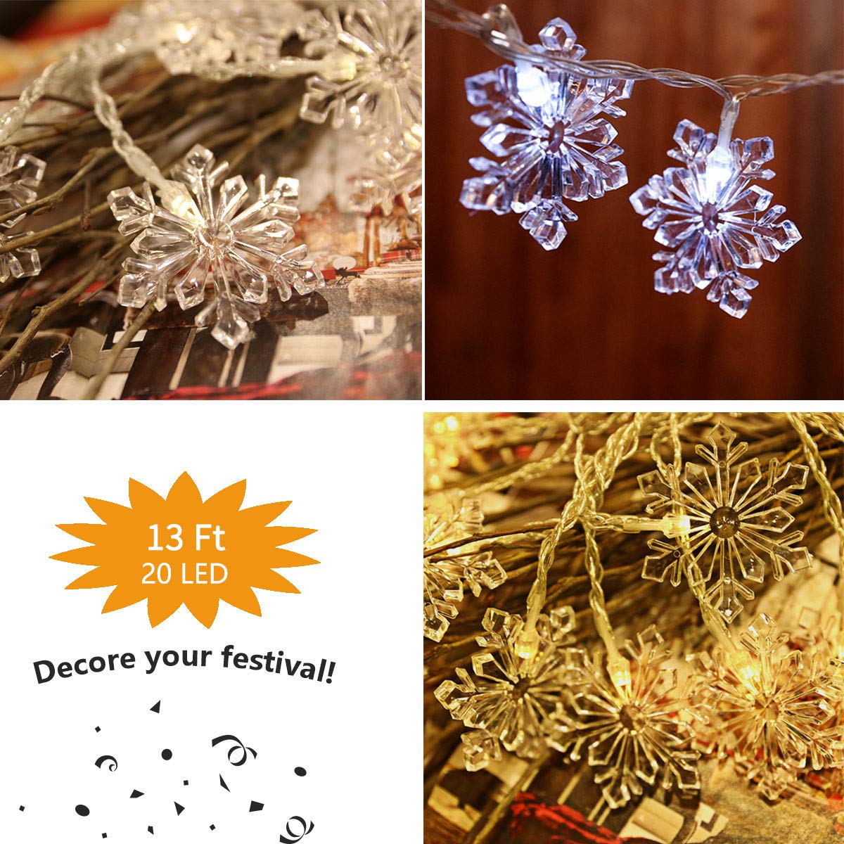 Top Space 20 LED 13.5Ft Snowflake String Lights,Fairy Lights for Bedroom,Home,Party,Wedding,Garden,Christmas Lights Outdoor Decoration,Warm White (20 Led, Snow-Warm White)