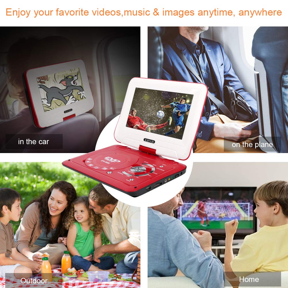 Smyidel 9.8" Portable DVD Player Supports SD Card/USB Port/CD/DVD, Rede Controller,2 Hour Rechargeable Battery, 9" Eye-Protective Screen, Support AV-in/Out,Region Free (Red)