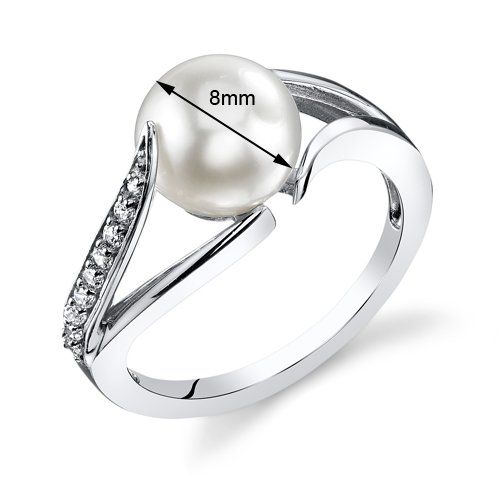 PEORA Freshwater Cultured White Pearl Elegant Solitaire Ring for Women 925 Sterling Silver, 7mm Round Button Shape, Comfort Fit, Size 8
