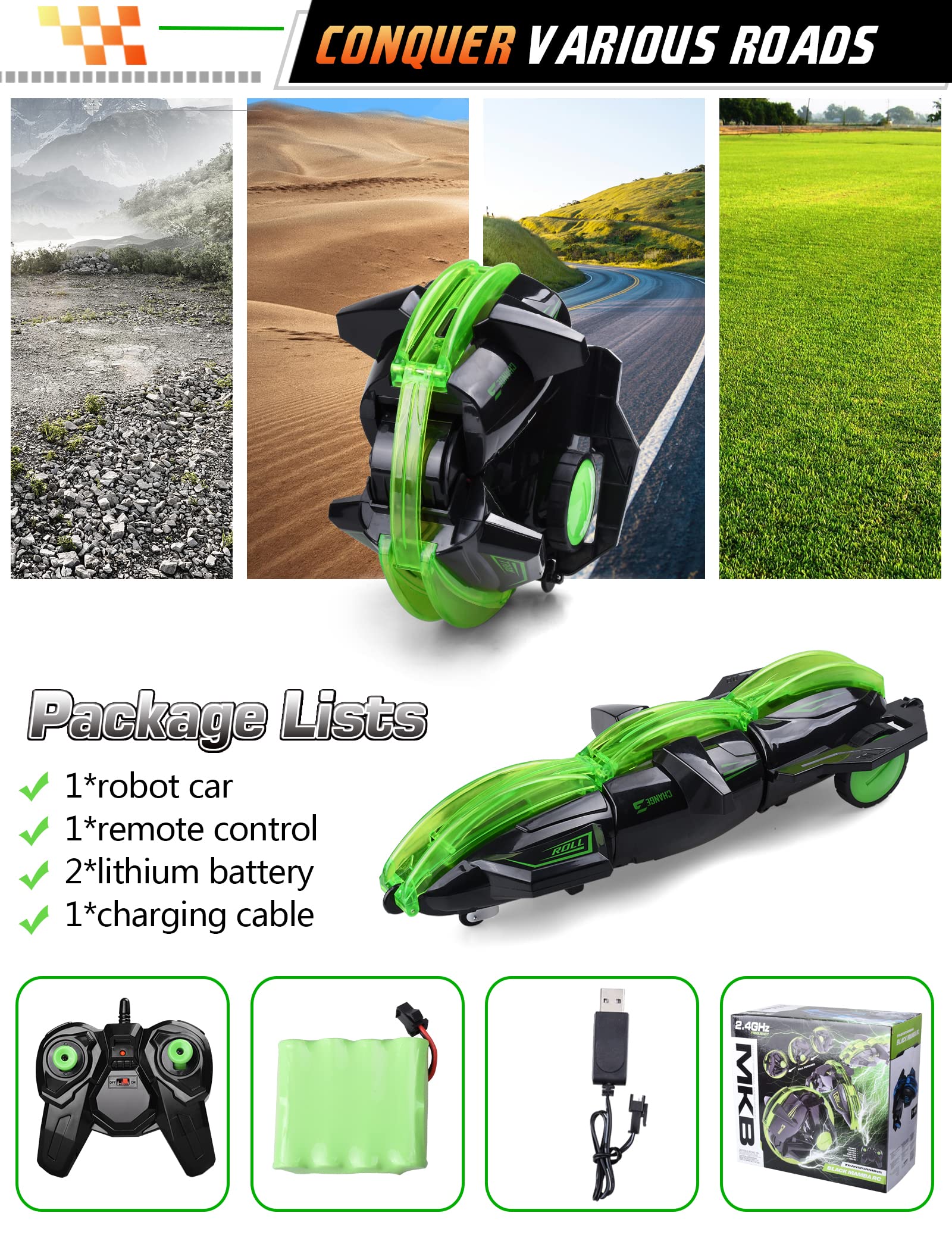 Remote Control Car,Rc Stunt Snake 360° Roll Rotation Transforming Toy,With 2.4Ghz High Frequency Controller Birthday Christmas For Girls Boys Cool Stuff Toys drift stunt remote control car (green)