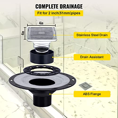 VEVOR Shower Curb Kit, 38"x60" Watertight Shower Curb Overlay with 4" ABS Offset Bonding Flange, 4" Stainless Steel Grate, 2 Cuttable Shower Curb and Trowel, Shower Pan Slope Sticks Fit for Bathroom