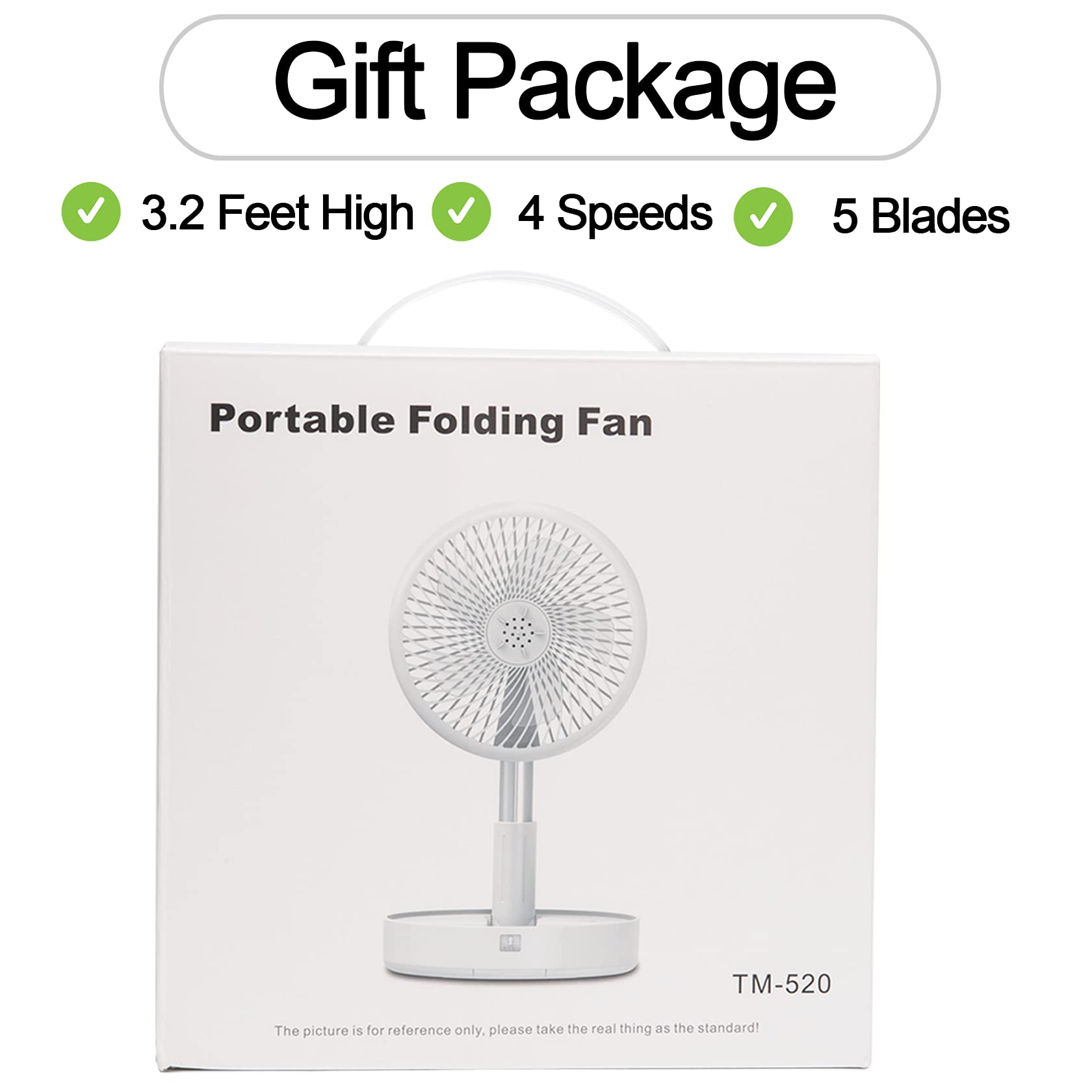 Spurtar Portable Standing Fan, Foldaway Fan, Desk and Table Foldable Fan Rechargeable Battery Operated USB Quiet Adjustable Standing Height 13.7'' to 38'' (34.7cm to 97cm) 4 Speed Modes
