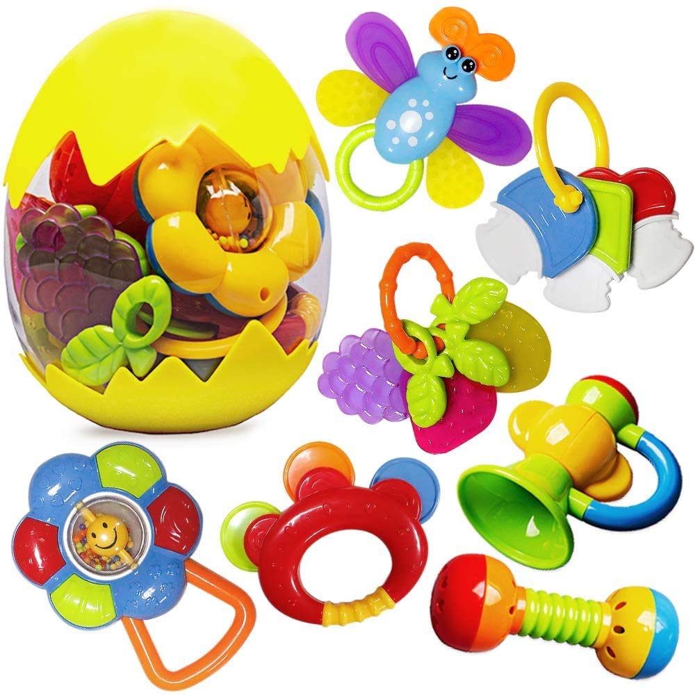 Rattle Teether Set Baby Toys - Happytime 13Pcs Shake Rattle Teethers Early Education Toys for Newborn Infant with Surprise Egg for 3 6 9 12 18Month